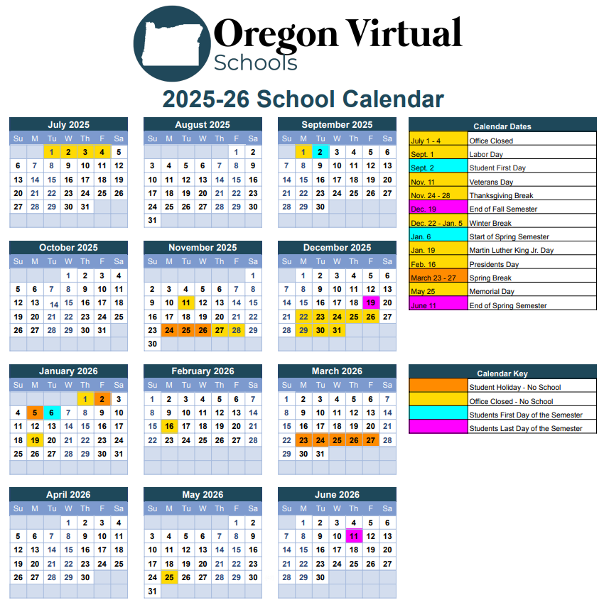 Stellar Pines Virtual Academy School Calendar and Important Program Dates